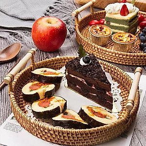 YANGQIHOME Rattan Round Bread Serving Basket Handcrafted Bread Serving Tray Platter with Wooden Handle (11 inch / 28cm)