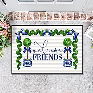 Funny Mat for Front Door Outside Door Mat Indoor Mat Floor Mat Entry Mat Housewarming Gift Unique Gift Preppy Chinoiserie Topiary Stripes Blue Green Doormat Mat Rugs for Kitchen 16x24 inch