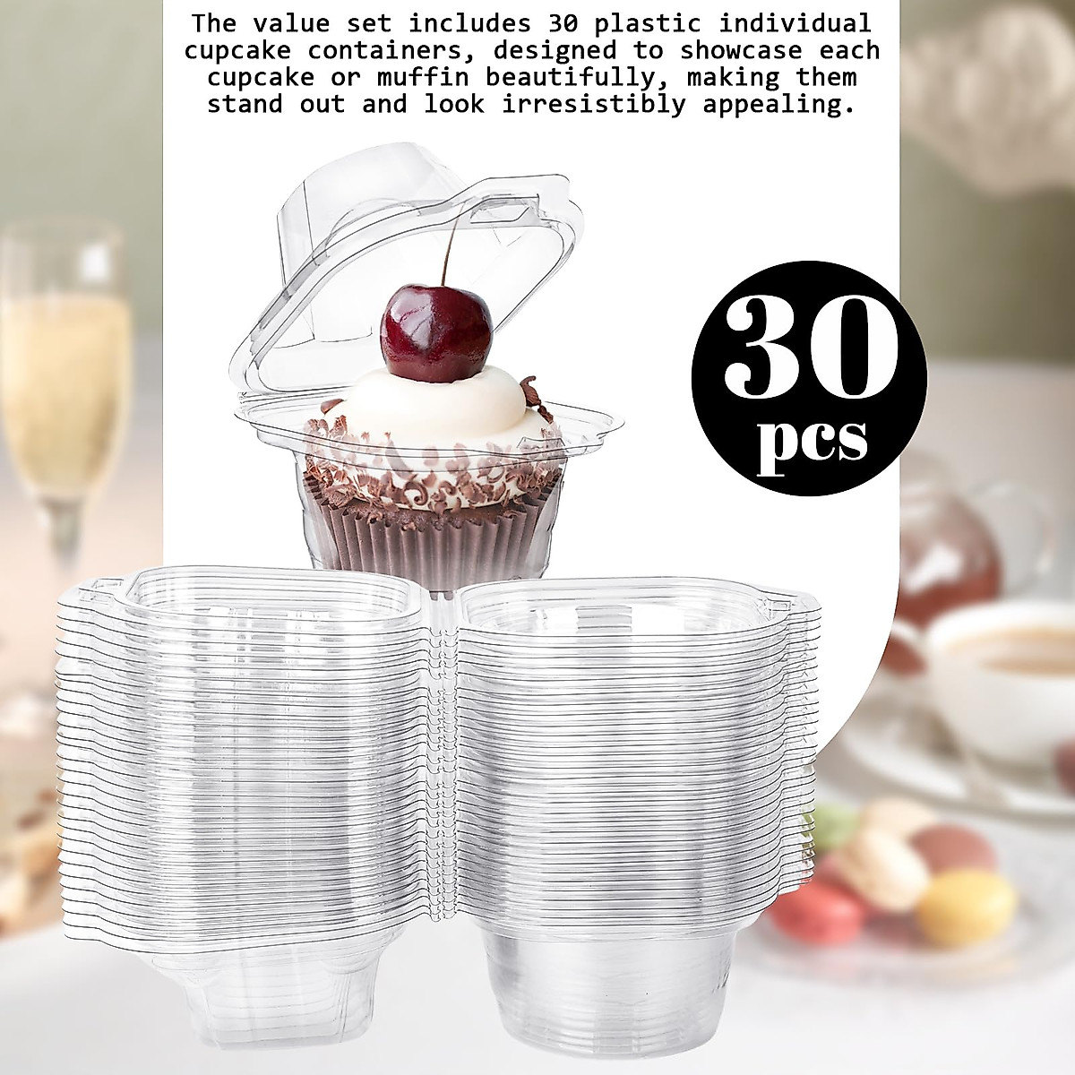 HANSGO 30PCS Individual Cupcake Containers, Plastic Clear Cupcake Holders Stackable Deep Dome Cupcake Carrier for Showcasing Protecting Cakes Muffins Desserts 3.9"x3.7"x3.5"