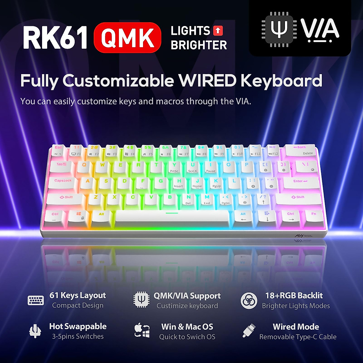 RK ROYAL KLUDGE RK61 Wired 60% Mechanical Gaming Keyboard Programmable QMK/VIA RGB Backlit 61 Keys Ultra-Compact Hot Swappable Blue Switch White