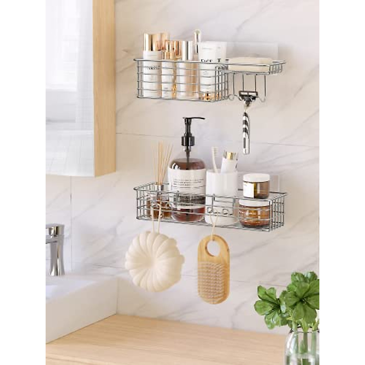 SMARTAKE 2-Pack Shower Caddy, Combined Bathroom Shelf with Soap Dish and Hooks for Hanging Razor Brush Sponge, Wall Mounted Rustproof Basket with Adhesive, No Drilling, 304 Stainless Steel, Silver