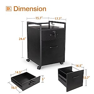ODK File Cabinet with 2 Drawers, Mobile Office Cabinet with Lock on Wheels, Rolling Office Printer Stand Filing Cabinet for A4, Letter Sized Document with Iron Hook, Black
