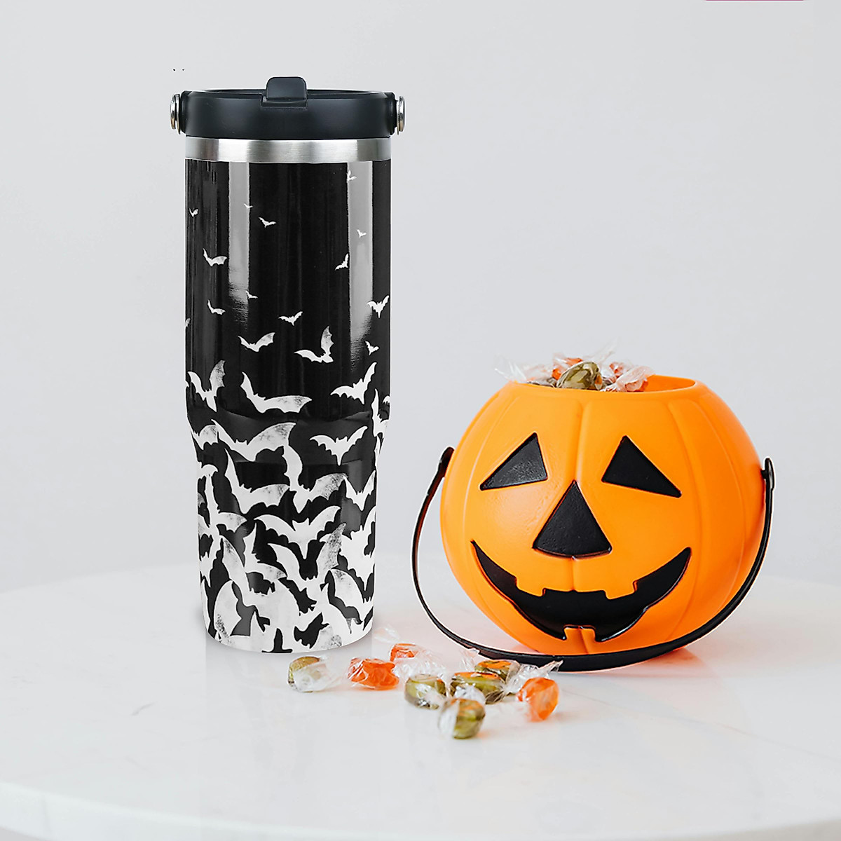 HOWSEESNOW 30oz Halloween Tumbler with Handle and Straw, Bat Insulated Leak Proof Cup, Black Goth Travel Coffee Mug, Reusable Stainless Steel Witch Tumbler, Halloween Gifts for Women