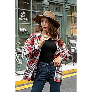 Women Classic Flannel Plaid Jacket Button Down Boyfriend Long Sleeve Lapel Shirts Casual Blouses Tops (Red, Small)