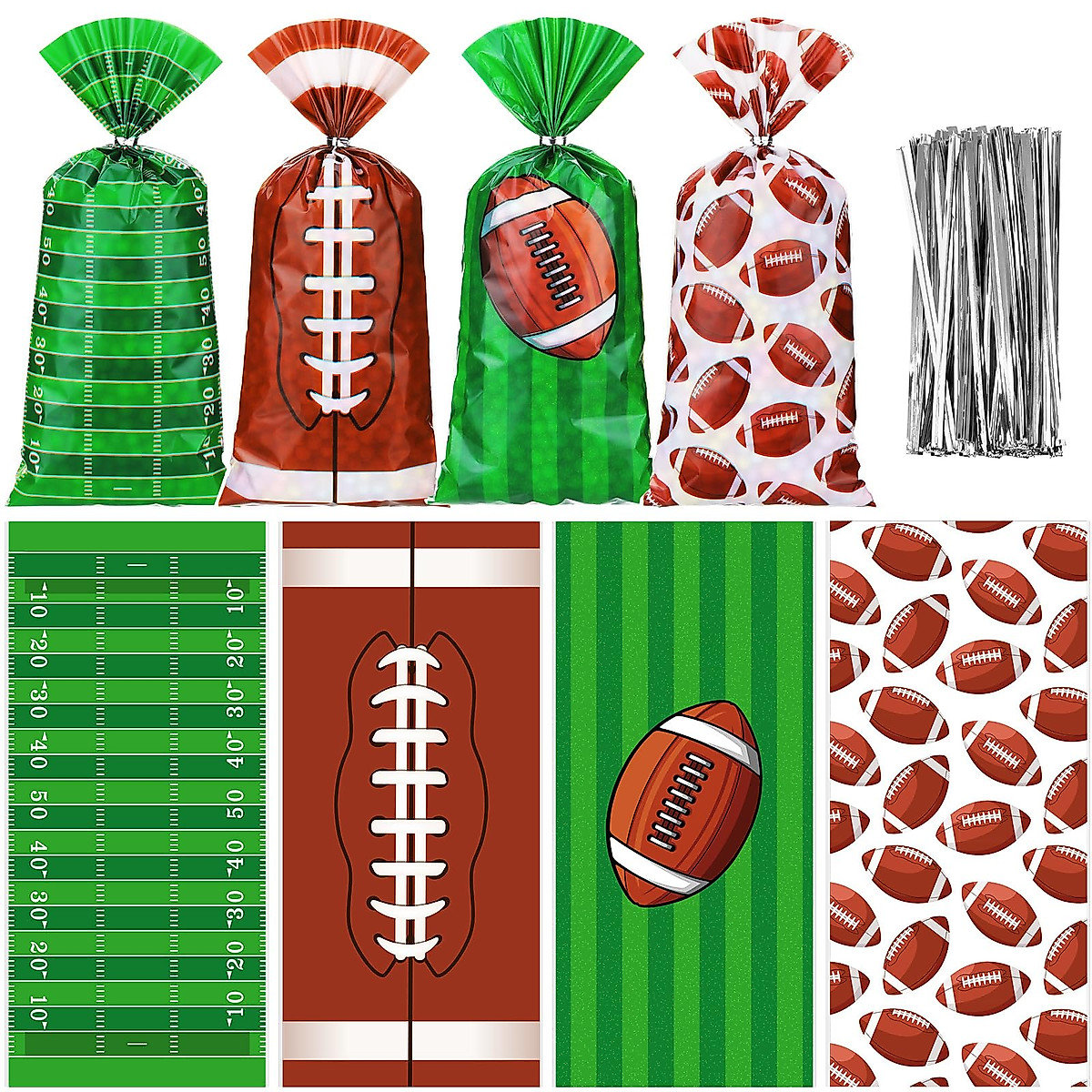 Jetec 100 Pcs Football Cellophane Bags Football Gift Treat Bag Goodie Candy Bags with Ties Football Birthday Party Decorations Supplies for Football Theme Baby Shower Party Serves (Stylish Style)