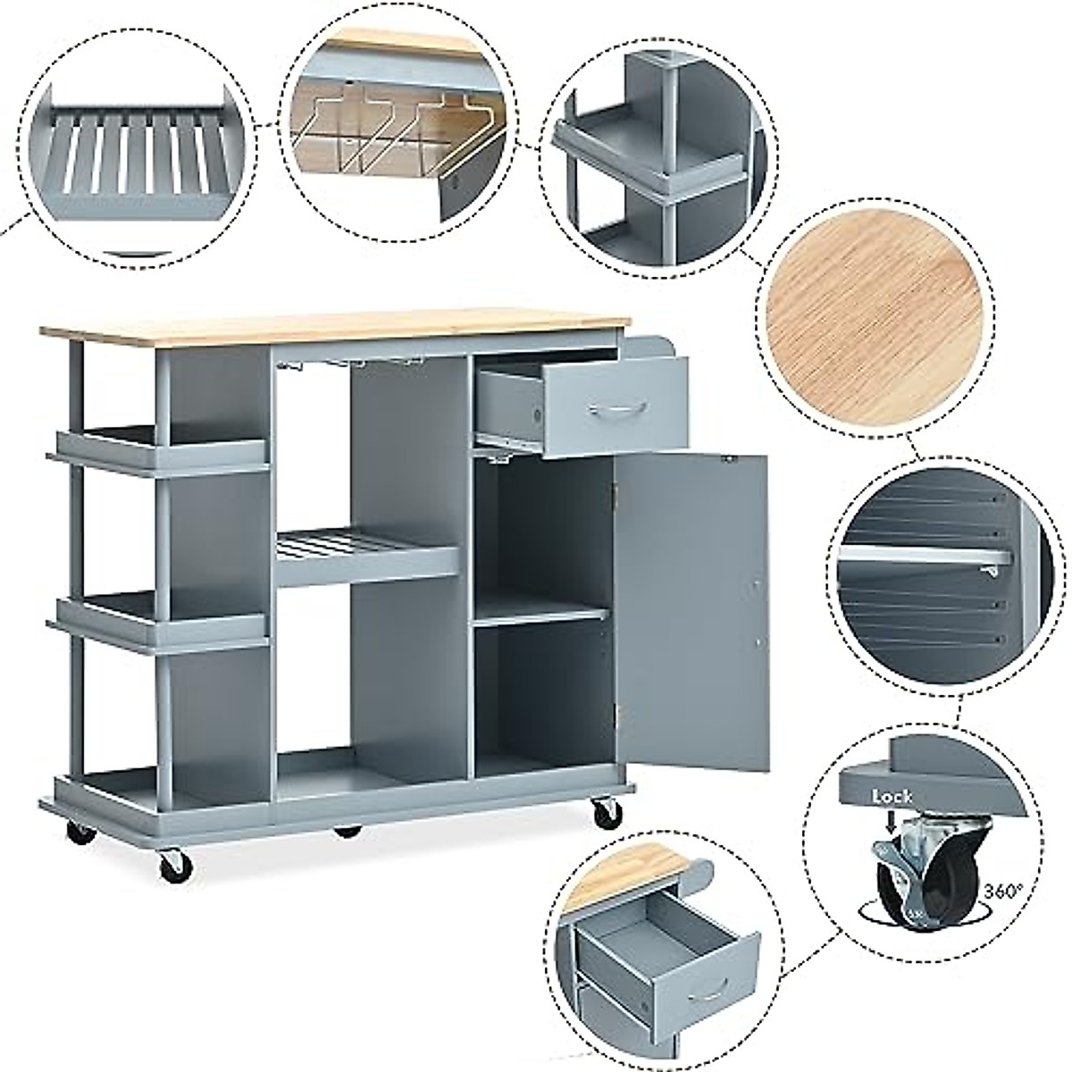 Plebs Home Multipurpose Kitchen Cart Cabinet, with Side Storage Shelves, Rubber Wood Top, Adjustable Storage Shelves, 5 Wheels, Kitchen Storage Island with Wine Rack, for Dining Room, Home - Gray Blue