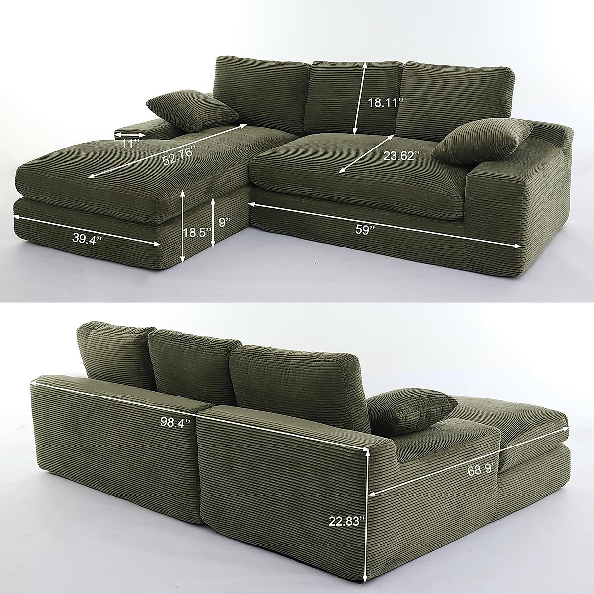 JURMALYN 98" Sectional Sofa Cloud Couch for Living Room Comfy Sectional Couch L-Shaped Sofa 3 Seat Foam Couch with Left Chaise Lounge, Deep Seat Sofa for Home Office, No Assembly, Green