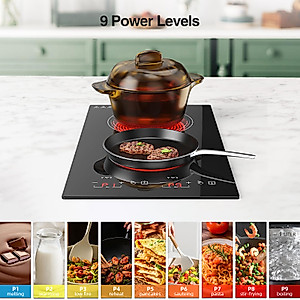 POTFYA Electric Cooktop, 12 Inch Built-in Radiant Electric Stove Top,110V 2100W Electric burner with 2 Burners,9 Power Levels,Kids Safety Lock & Timer, Overheat Protection,Sensor Touch Control