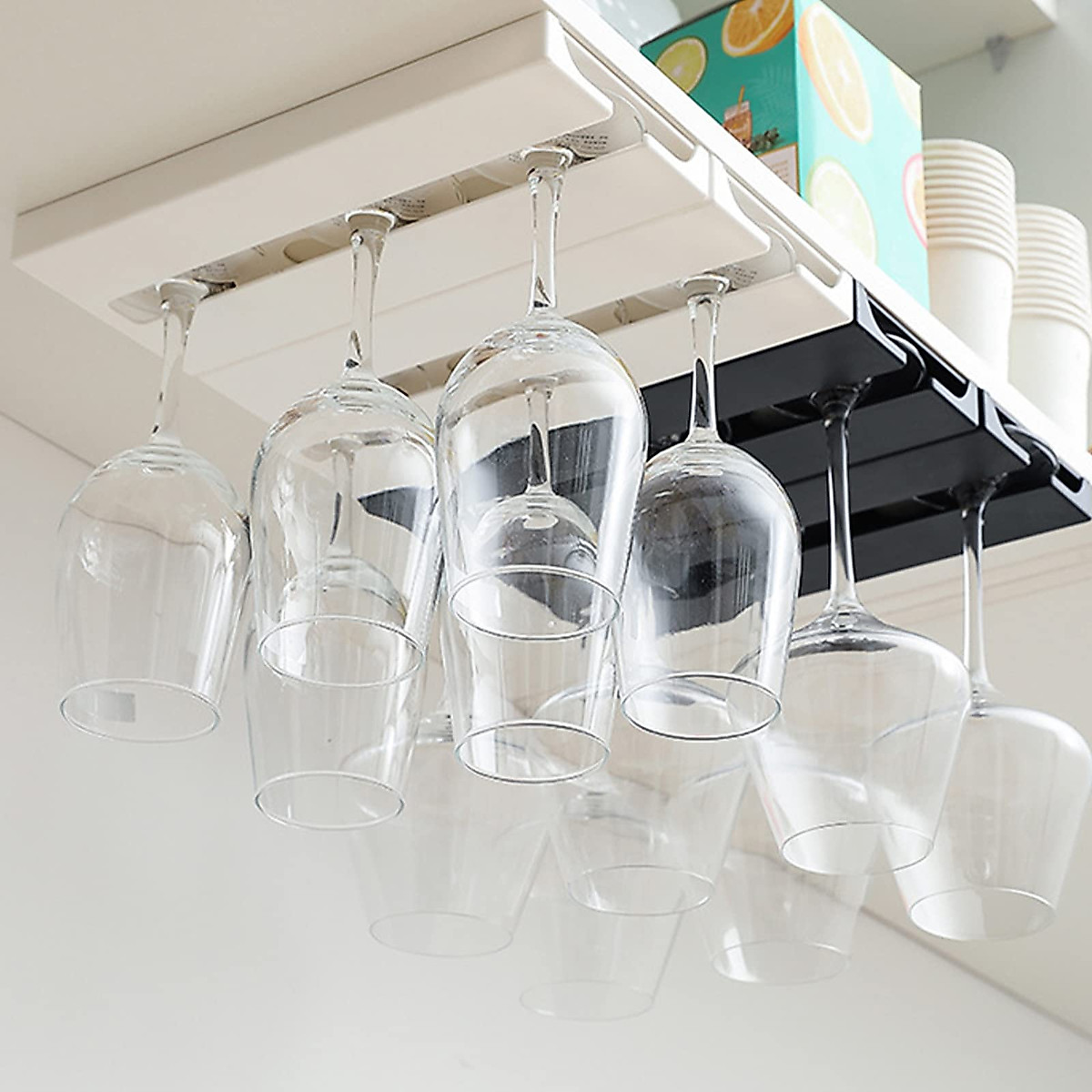 MEUMITY 2 PCS Under Cabinet Punch-free Plastic Wine Glass Holder,No Drilling Stemware Rack Glasses Storage Hanger Hanging Stemware Rack for Bar Cabinet Kitchen,White