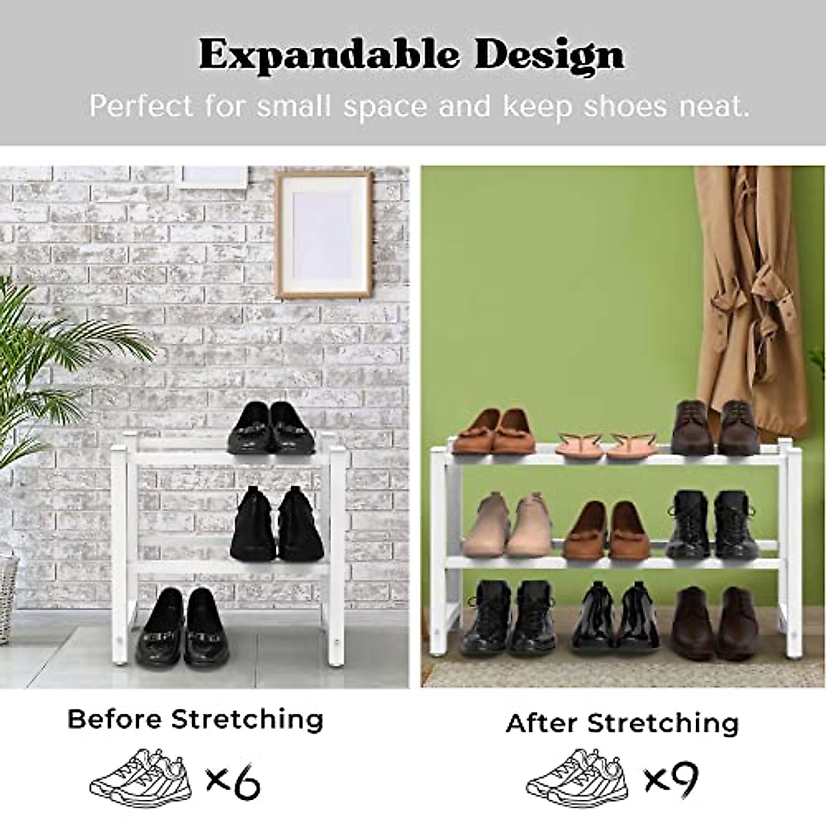 COMAX 2-Tier Expandable Shoe Rack Organizer for Closet Entryway Small Space, Adjustable Shoe Shelf Modern Metal Iron Shoe Stand, Free Standing Shoe Storage with Extendable Steel Tube, Two Tier White