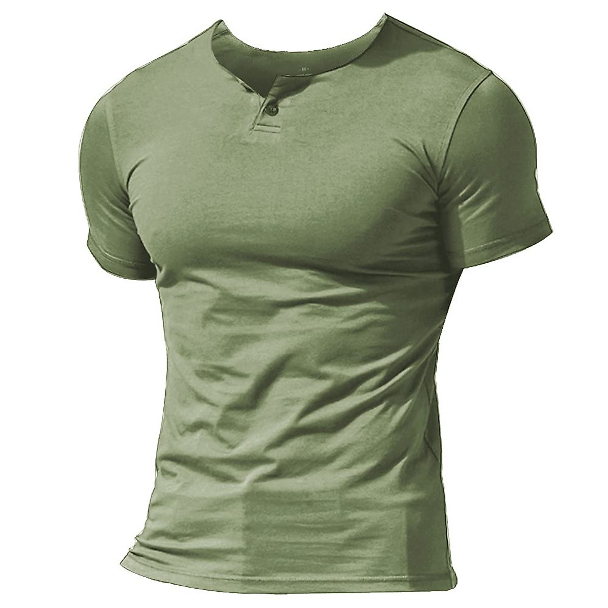 Muscle Alive Mens Summer Casual Short Sleeve Henleys T-Shirt Single Button Placket Plain Shirts Light Green Color Size L