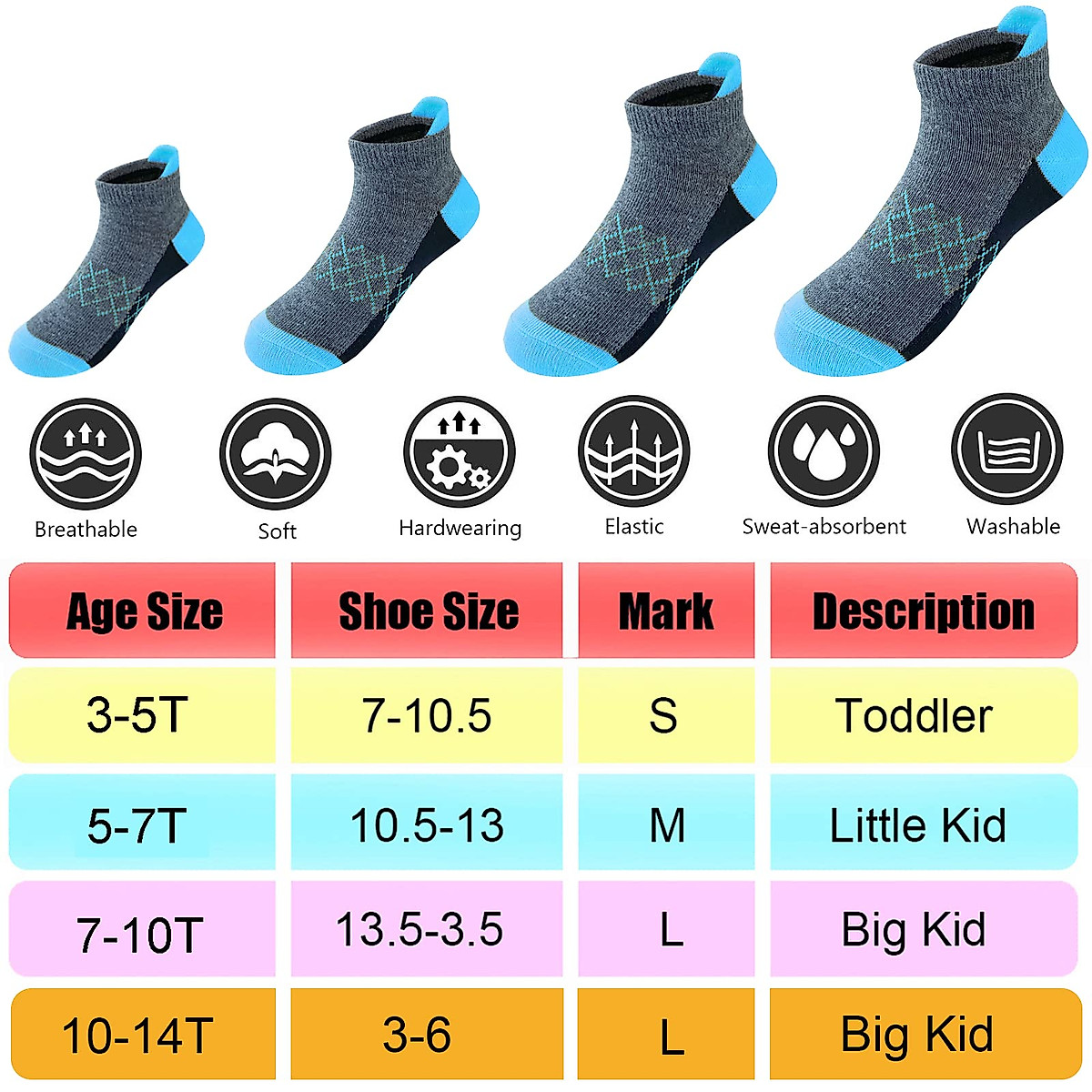 Tsmollyu Boy Socks 24 Pairs Half Cushioned Low Cut Socks Ankle Athletic Sports Socks With Cushioned Sole For Little Big Kids Age 3-14(10-14 Years)