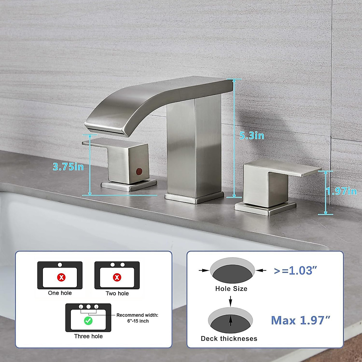 Kyatinsal LED Light Widespread Bathroom Faucets for Sink 3 Hole Waterfall -Bathroom Faucet with Pop-up Drain Assembly, 8 Inch Bathroom Sink Faucet 2-Handles,Modern Lavatory Vanity Faucet