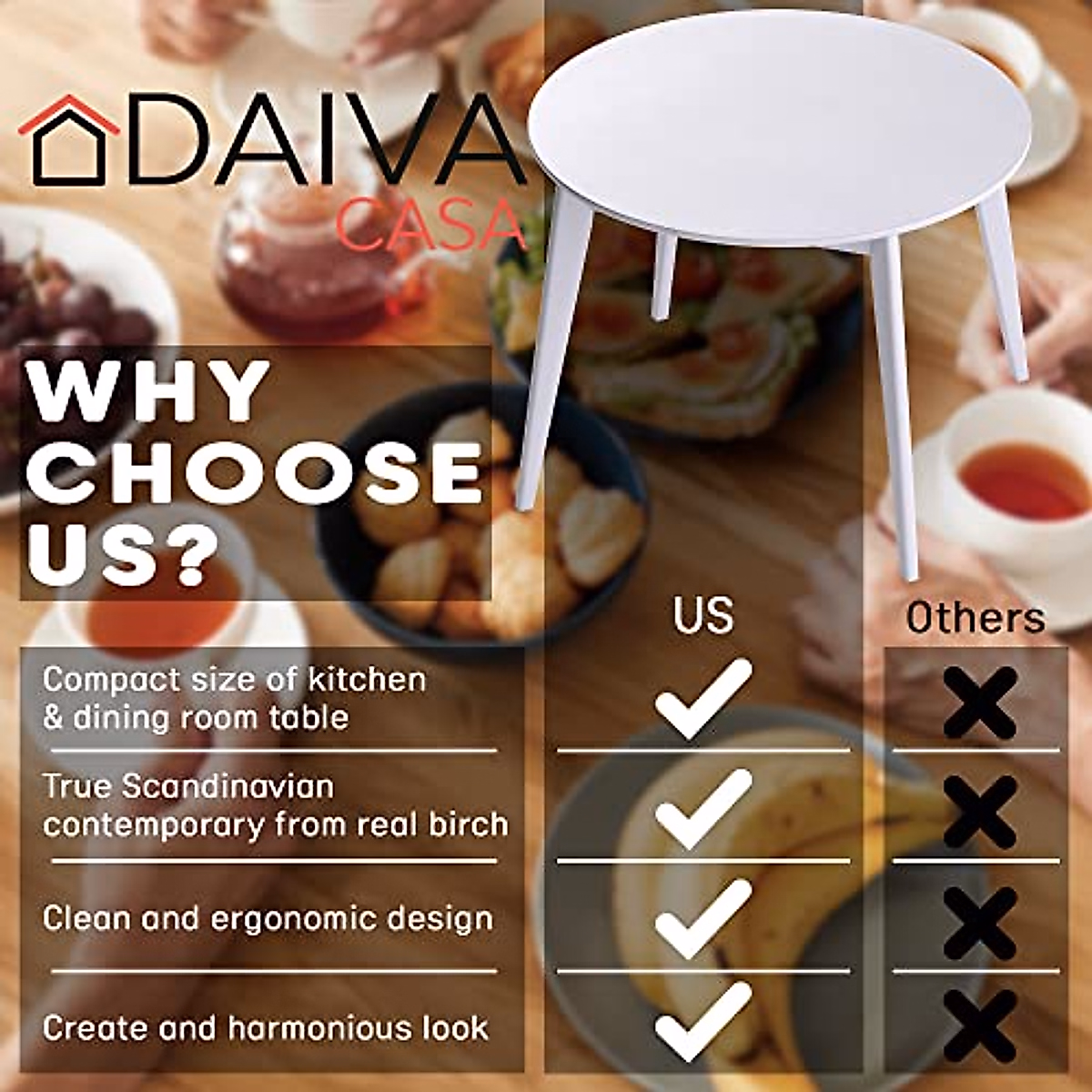 DAIVA CASA Orion Round Dining Table for 4 Person - Birch Solid Wood Kitchen & Dining Room Furniture - Mid Century Modern Scandinavian Style – White Kitchen Table 40 inch