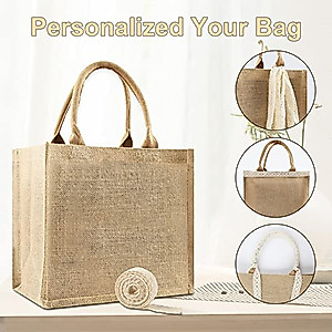 HEVMEVENI 8 Large Burlap Tote Bags Bulk, Reusable Jute Tote Bag with 10Yd Ribbon Blank Burlap Gift Bag with Handle Waterproof Beach Tote Bag for Shopping Bridesmaid Gift Bag 12.2''x10.6''x6.3''