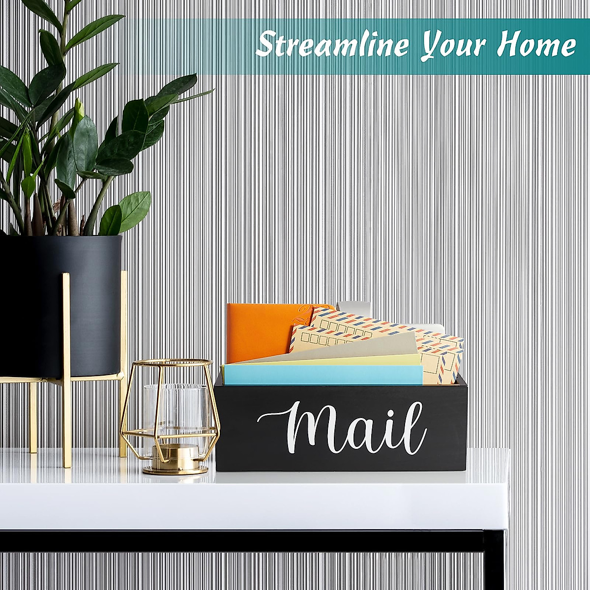 DRASTAR Mail Organizer, Mail Holder with 2 Slots, Mail Basket for Wall Table Countertop, Wood Desk Mail Organizer, Black Envelope Holder for Home Office