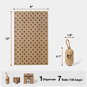 VETRESKA Dog Waste Bag Dispenser with Coffee Scent - Leak Proof, Extra Thick Pet Waste Bags - 1 Bag Holder, 105 Bags (7 Refill Rolls) for Dogs and Cats