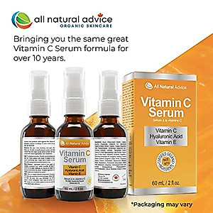 Vitamin C Serum For Face - All Natural Advice, with Hyaluronic Acid & Vitamin E – Facial Serum for Deep Hydration - Organic Face Care -Proud Canadian Company (60ml / 2oz)