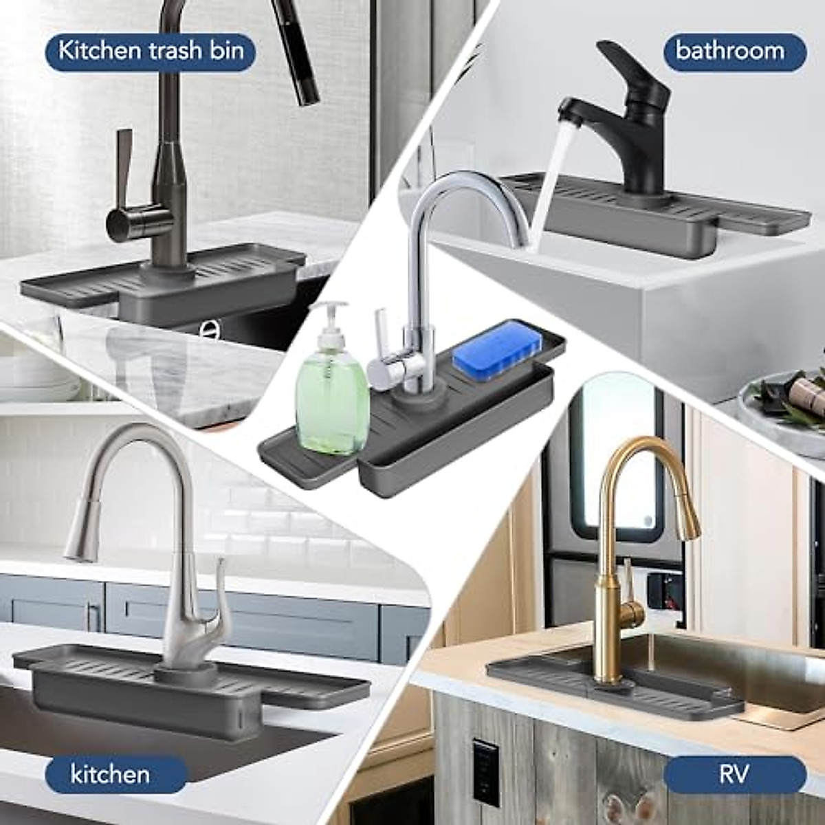 Faucet Handle Drip Catcher Tray, Silicone Foldable Faucet Handle Drip Catcher Tray Mat, Soap Sponge Holder for Kitchen Sink Accessories Gadgets Counter Bathroom (GRAY)