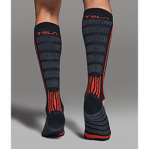 TSLA Men and Women Winter Ski Socks, Calf Compression Snowboard Socks, Warm Thermal Socks for Cold Weather, 2pairs Black/Black &amp; Orange, Medium