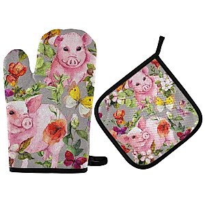 Pot Holders Oven Mitts Sets - Pigs Summer Flowers Butterflies Hot Gloves Hot Pads Non-Slip Potholders for Kitchen Cooking Grilling