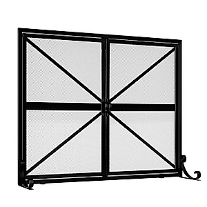 Fire Beauty Fireplace Screen with Doors, 2-Pannel Handcrafted Solid Wrought Iron Decorative Mesh,Baby Safe Proof Firewood Burning Stove Accessories(Black)