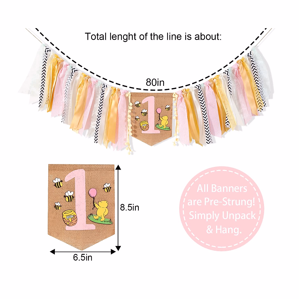 Pink Bear High Chair Banner For 1st Birthday - Sweet Bee Theme Baby Shower, Birthday Girl High Chair Decor, Winnie The Pooh High Chair Banner, First Bee Birthday Party Decorations, Winnie One High Chair Banner, Little Bear Banner For Girls Photo Props, Pi