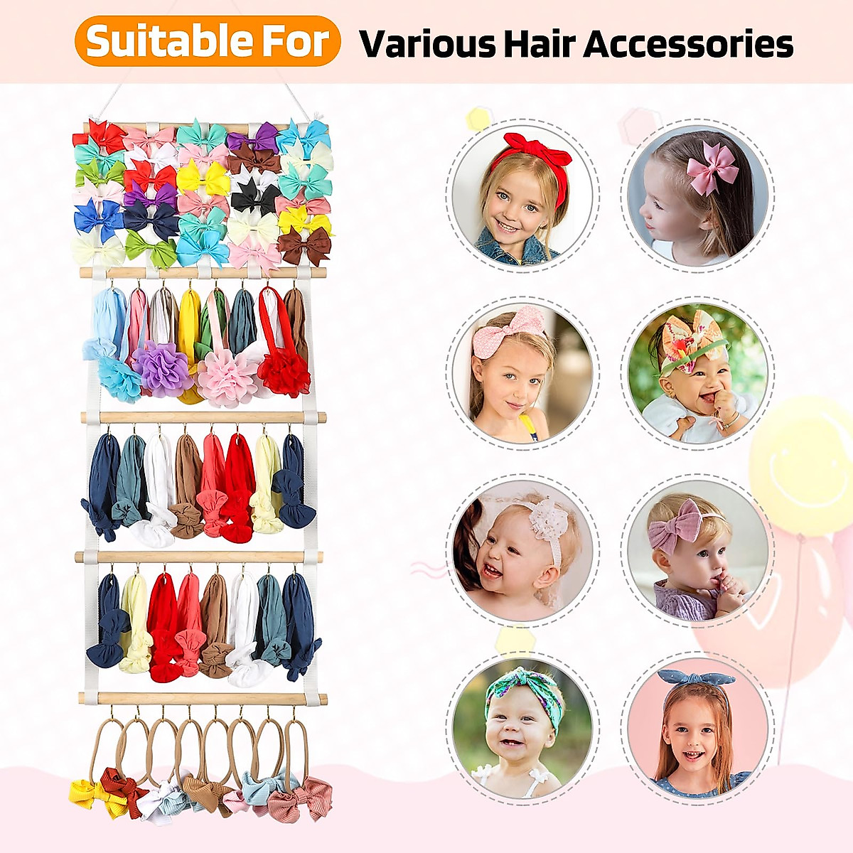 AILIKESE 5 Rows Hair Bow Organizer Bow Holder for Girls Hair Bows Hanging Baby Headband Holder Wooden Bow Organizer Suitable for Wall, Room, Door or Closet (Metal hooks)