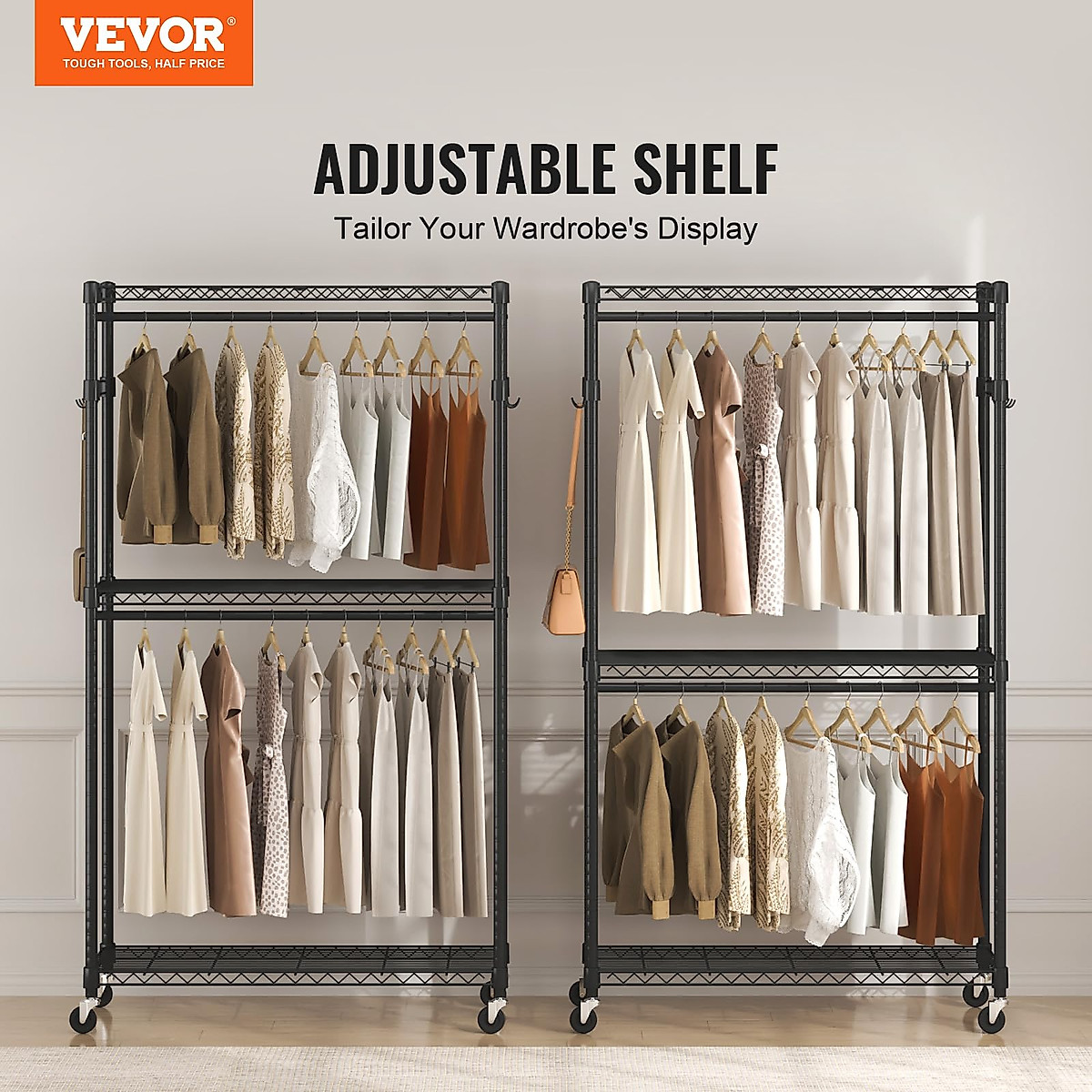 VEVOR Heavy Duty Clothes Rack, Rolling Clothing Garment Rack with 3 Storage Tiers, 2 Rods and 2 Pairs Side Hooks, Adjustable Height Clothing Rack Closet for Hanging Clothes, 400 Lbs Load Capacity