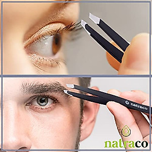 Stainless Steel Slant Precision Tweezers – Professional Tweezers for Eyebrows & Hair Removal – Black (Pack of 2)