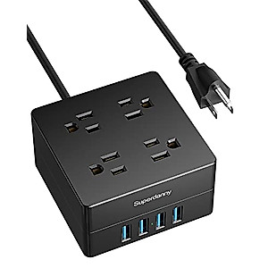 5ft Power Strip, SUPERDANNY Surge Protector 900 Joules, 4-Outlet 4-USB Extension Cord, Overload Switch, Grounded, Mountable, Desktop Charging Station for Home, Office, School, Dorm, Computer, Black
