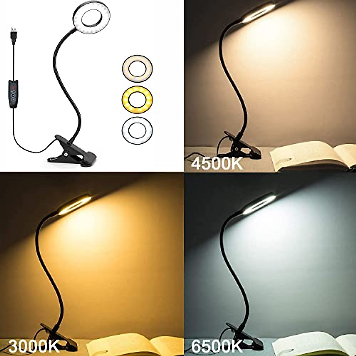 Foneso Desk Lamp Clip on Light, 48 LED USB Lamp with 3 Color Modes 10 Brightness Levels, 360° Flexible Gooseneck Eye Protection Bed Night Light for Reading, Makeup, Fill Light (Black)