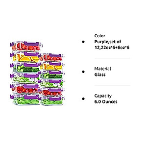 C CREST Glass Food Storage Containers with Airtight Lids 24 Pieces [12 containers with lids] Microwave/Oven/Freezer & Dishwasher Safe