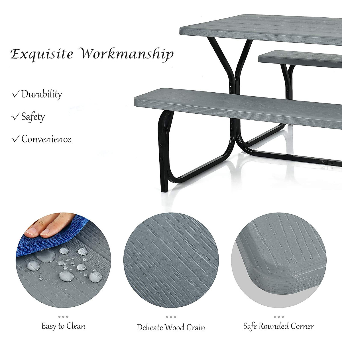 Giantex Picnic Table Bench Set Outdoor Camping All Weather Metal Base Wood-Like Texture Backyard Poolside Dining Party Garden Patio Lawn Deck Furniture Large Camping Picnic Tables for Adult (Gray)