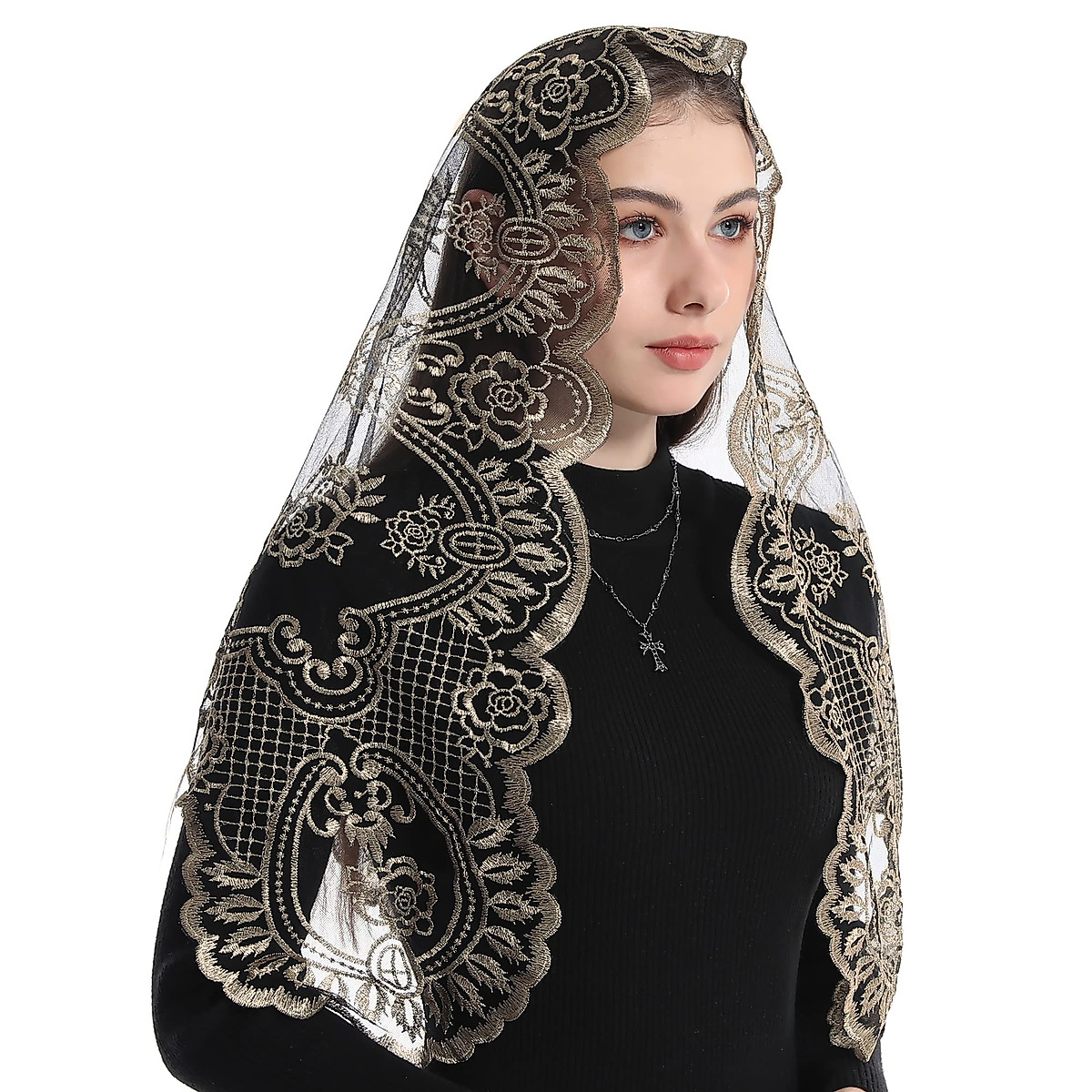 Bozidol Church Veil Lace Mantilla - Triangle Virgin Mary Head Covering Spanish Veil for Women
