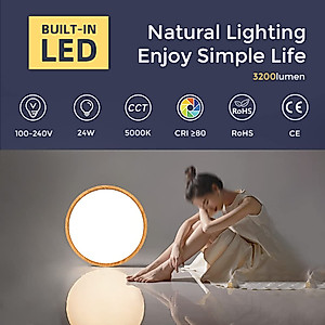 12 Inch Wood Grain LED Ceiling Light Fixture Flush Mount, ABS Mat., 5000K Daylight White, 24W Flat Modern Round Closet Lighting Fixtures, 3200LM Low Profile Circle Ceiling Lamp for Bedroom etc.