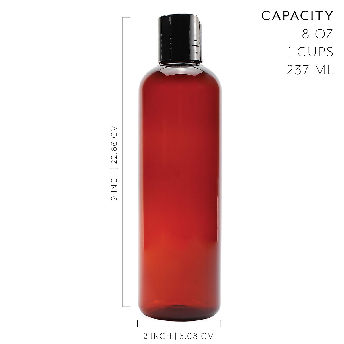 Cornucopia Brands 8oz Plastic Bottles w/Disc Top Flip Cap (6-Pack); BPA-Free Containers For Shampoo, Lotions, Liquid Body Soap, Creams (8 ounce, Amber Brown)