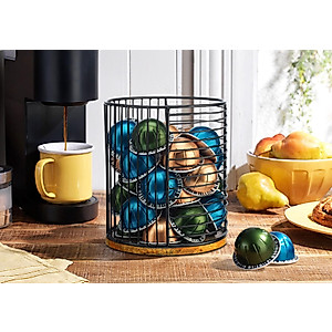 Coffee Pod Storage Holder, Metal Wire Basket with Wood Base, Countertop Coffee Capsule Organizer (89357)