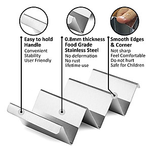 Stainless Steel Taco Stand Holder With Bamboo Tray - Set of 2 - Taco Tuesday With Four Sauce Holders and Four Spoons - Holds Up to 4-6 tacos - Stainless Steel Racks With Handles Oven & Grill Safe
