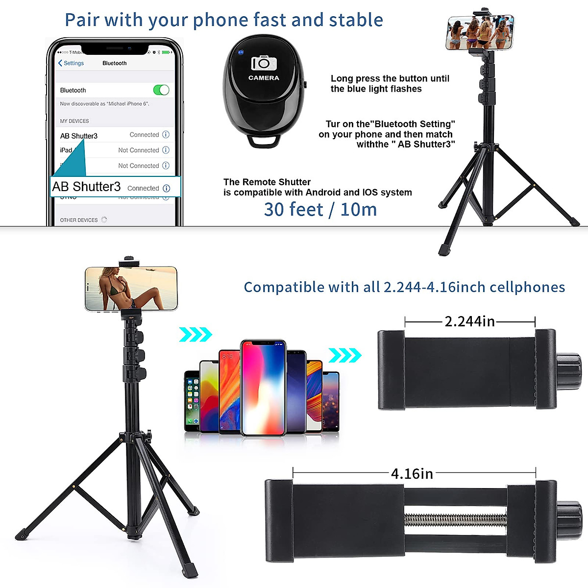 60" Selfie Tripod for iPhone with Remote Shutter Phone Holder Compatible with iPhone Android for Selfie/Video Recording/Vlogging/Live Streaming Heavy Duty Aluminum, Lightweight Tripod Black