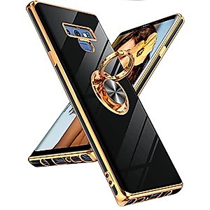 LeYi for Samsung Galaxy Note 9 Phone Case with Ring Kickstand [360° Rotatable Ring Holder Magnetic Kickstand] Plating Rose Gold Edge Protective Phone Cases Cover for Women Girls,Black