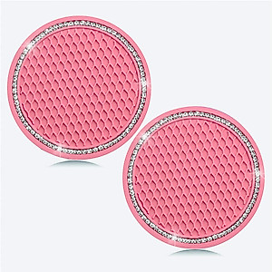 Bling Car Coasters Pink PVC Travel Auto Cup Holder Insert Coaster Anti Slip Crystal Vehicle Interior Accessories Cup Mats for Women and Girl (2.75" Diameter,Pack of 2) (Pink)