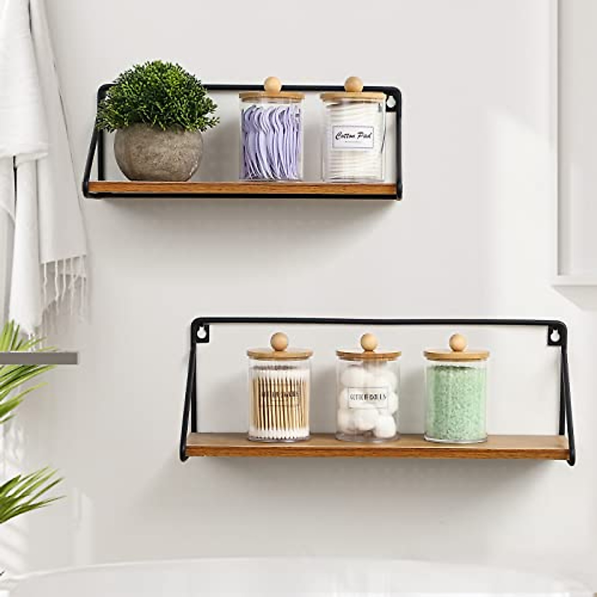 6 Pack Qtip Holder Dispenser Set with Bamboo Lids, Bathroom Canister Accessories, Storage Organizer, Clear Plastic Apothecary Jar for Cotton Ball, Swab, Pads, Floss, Vanity Makeup Organiztion - 10oz