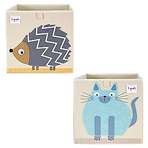 3 Sprouts Large 13 Inch Square Children's Foldable Fabric Storage Cube Organizer Box Soft Toy Bin 2 Piece Bundle with Blue Cat, Pet Hedgehog Designs