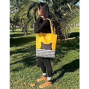 Cute Canvas Tote Bag for Women with Cat Design - Birthday Valentines Day Gift - Aesthetic Book Tote for Teacher School Kids - Hello Kitty Tote Bag - Large Reusable for Shopping Grocery (Yellow Cat)