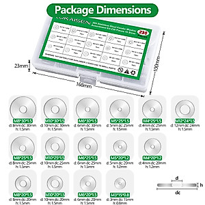 304 Stainless Steel Large Fender Washers Assortment Kit, 230 Pieces 15 Sizes – M3 M4 M5 M6 M8 M10 M12 Suitable for Furniture Installation, Ship Car Assembly, DIY Project, Electrical Connections