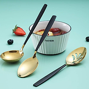 Black with Gold Silverware Serving Set 10 Pieces, Black Gold Flatware Serving Set, Serving Utensils, Include Slotted Spoon, Cake Server, Sugar Spoon, Soup Ladle, Wedding Cake Knife Ect