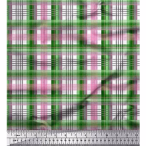 Soimoi Green Cotton Canvas Fabric Gingham Check Print Fabric by Yard 56 Inch Wide