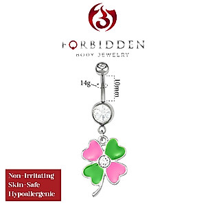 Forbidden Body Jewelry Surgical Steel Jeweled Pink and Green Four Leaf Clover Dangle Belly Button Ring