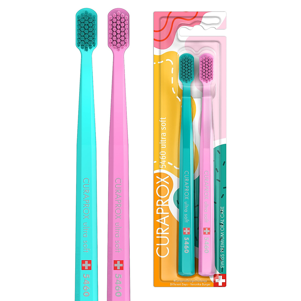 Curaprox CS 5460 Ultra-Soft Blue and Pink Battery Powered Toothbrush for Adults, Different Days Special Edition, Pack of 2
